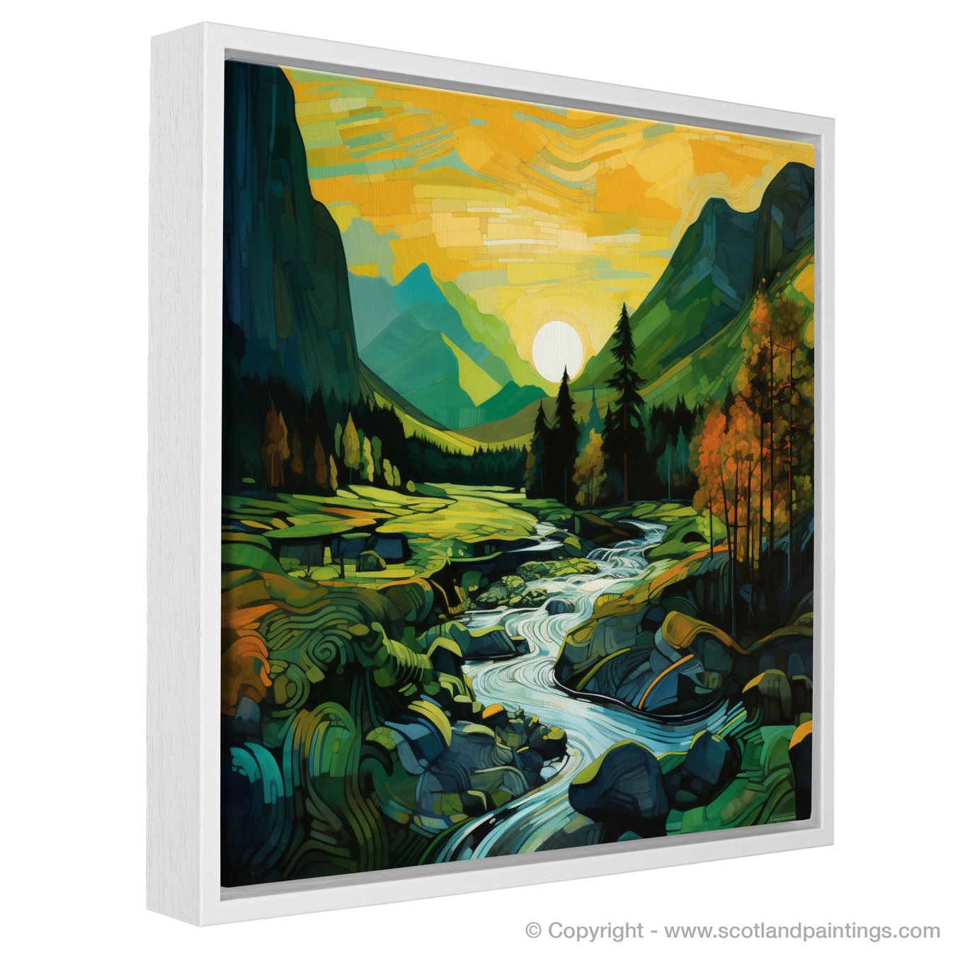 Cubist Sunset over Verdant Glencoe – Scotland Paintings and Art Prints