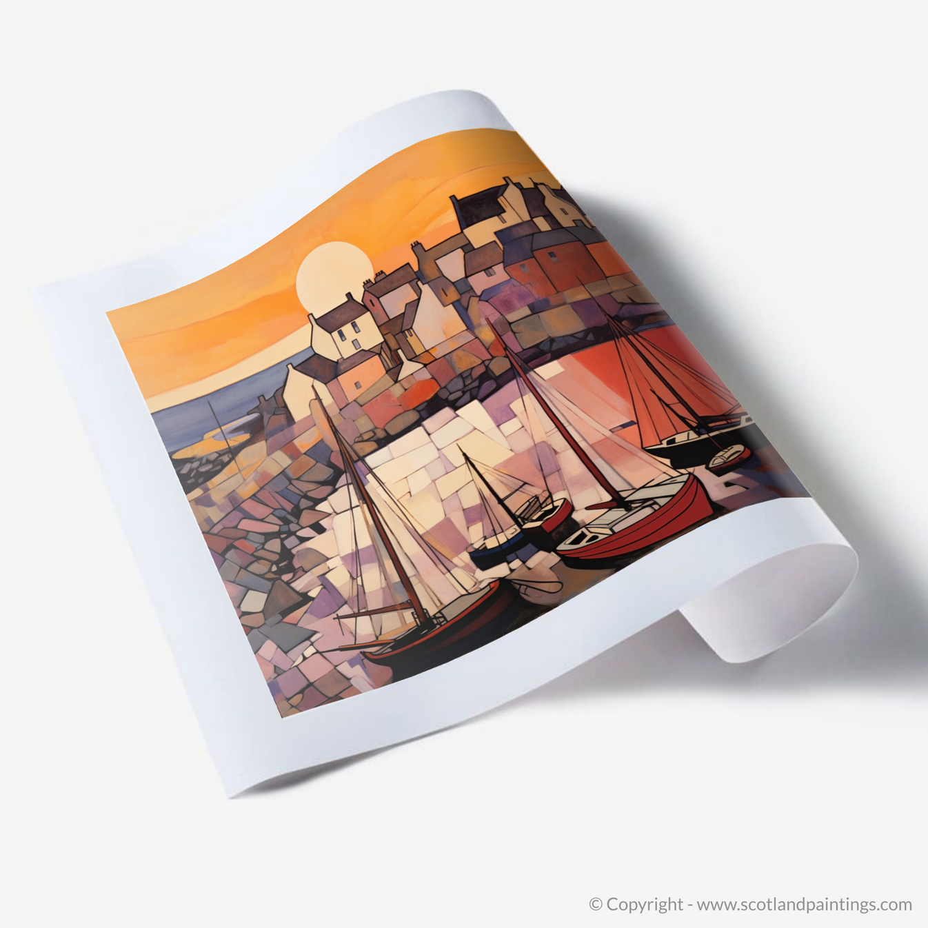 Cubist Sunset at Crail Harbour – Scotland Paintings and Art Prints