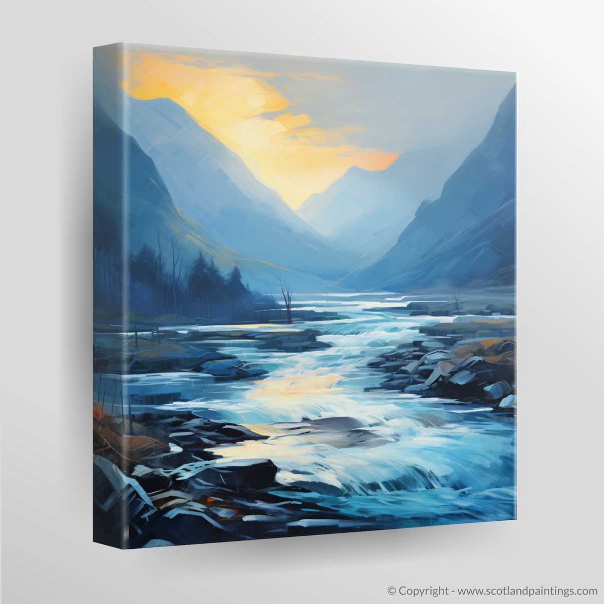 Cubist Dawn over Misty Glencoe River – Scotland Paintings and Art Prints