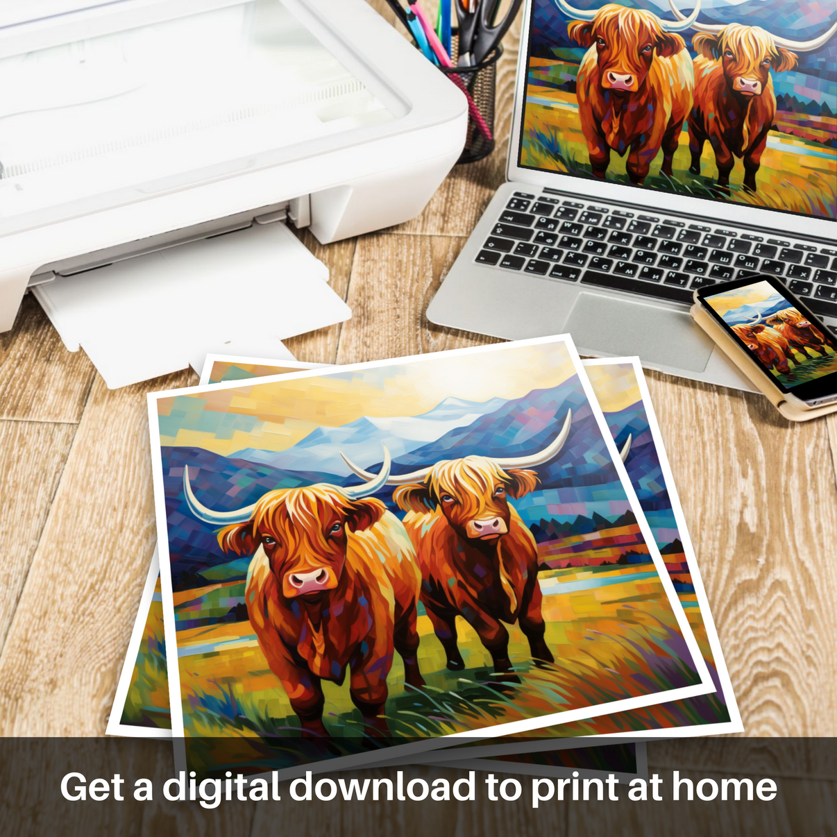 Cubist Highland Cows in the Glencoe Valley – Scotland Paintings and Art ...