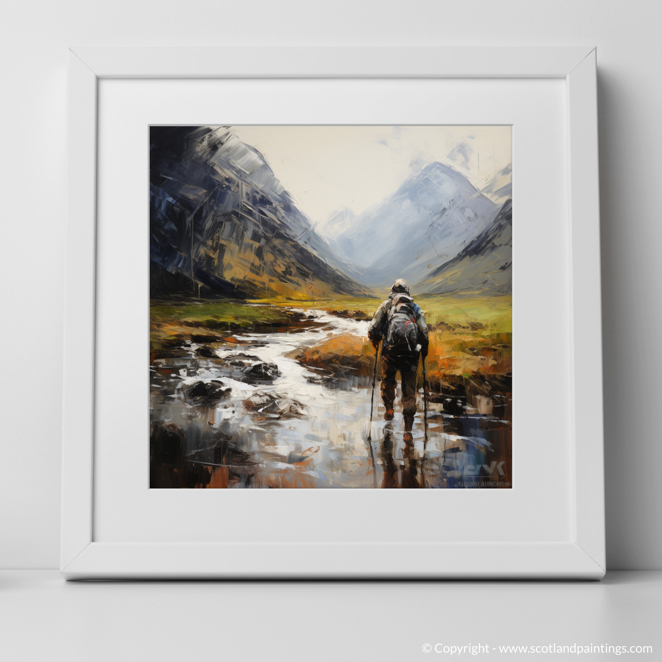 Painting and Art Print of Walker crossing River Coe in Glencoe entitle – Scotland Paintings and ...