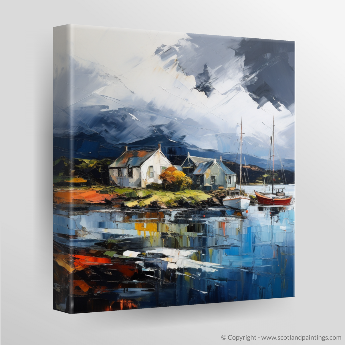 Painting and Art Print of Port Appin Harbour with a stormy sky entitle ...