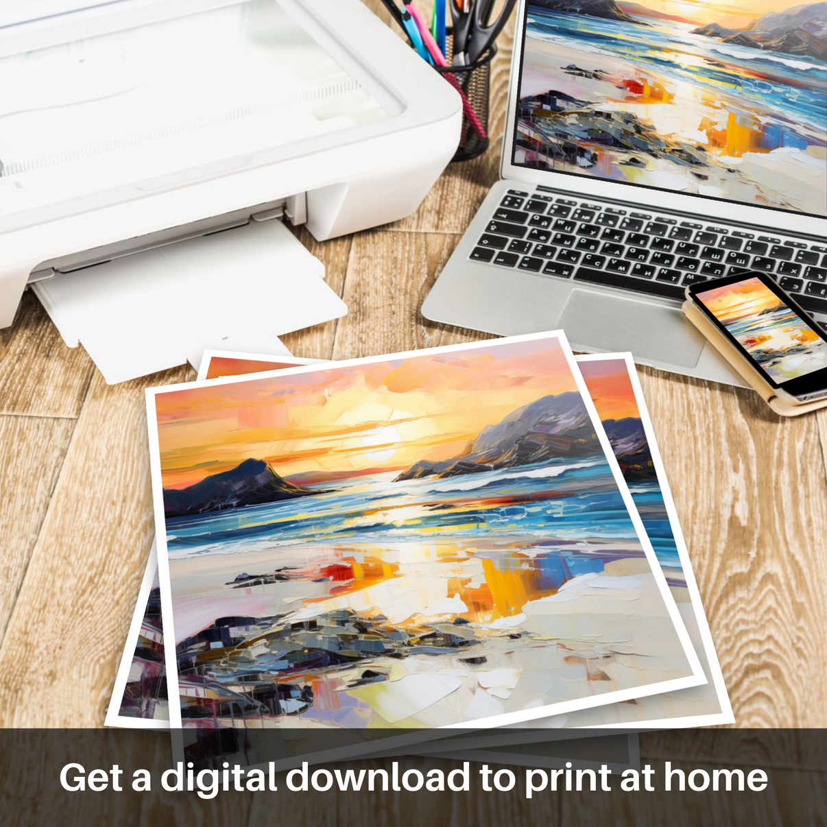 Painting and Art Print of Traigh Mhor at sunset entitled "Sunset Blaze ...