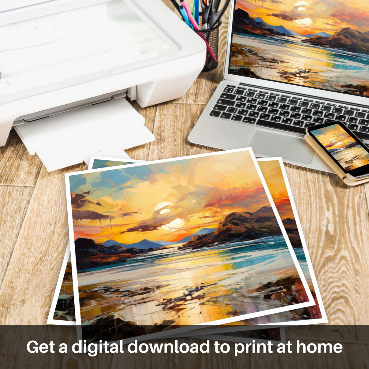 Painting and Art Print of Kiloran Bay at golden hour entitled "Golden ...