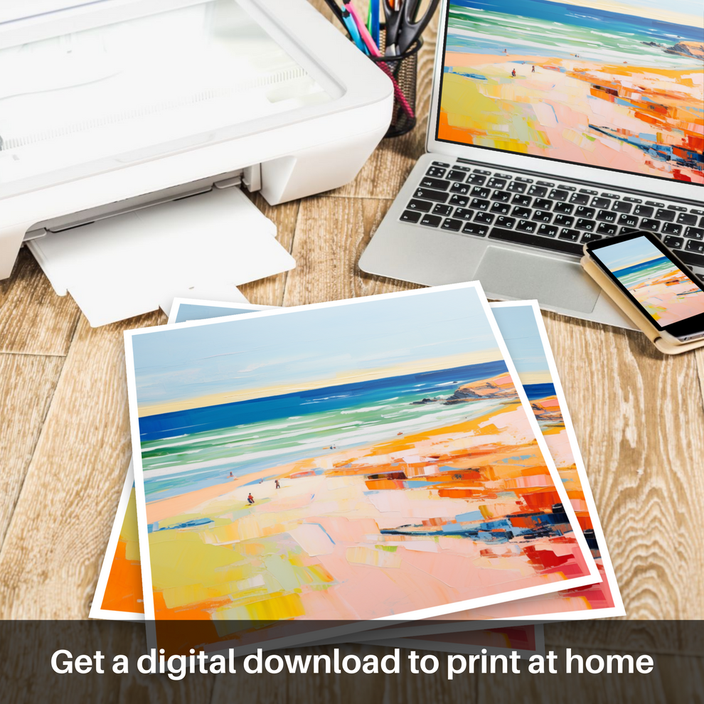 Painting and Art Print of St Cyrus Beach, Aberdeenshire in summer enti ...