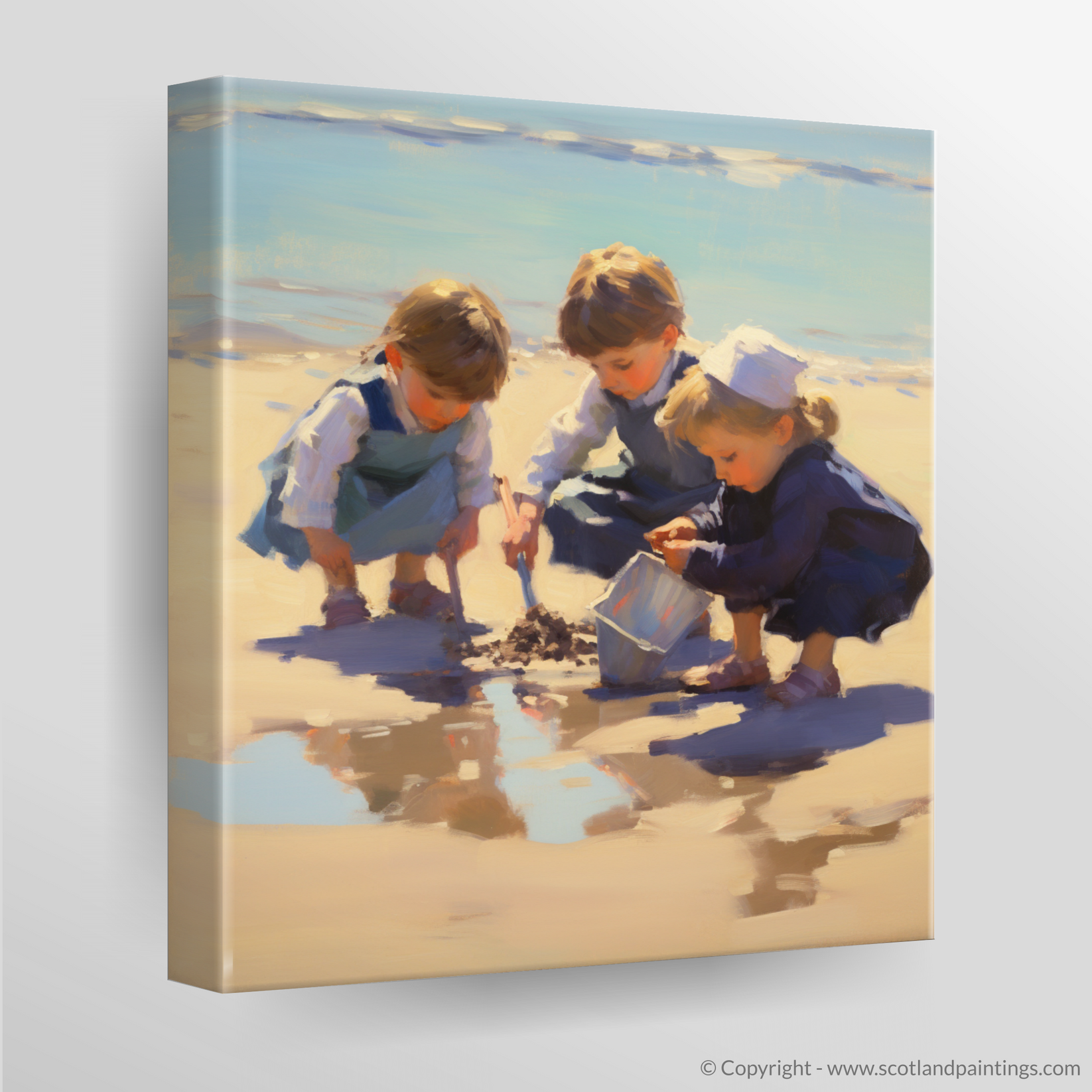 Painting and Art Print of Three children digging in the sand at St. An – Scotland Paintings and ...