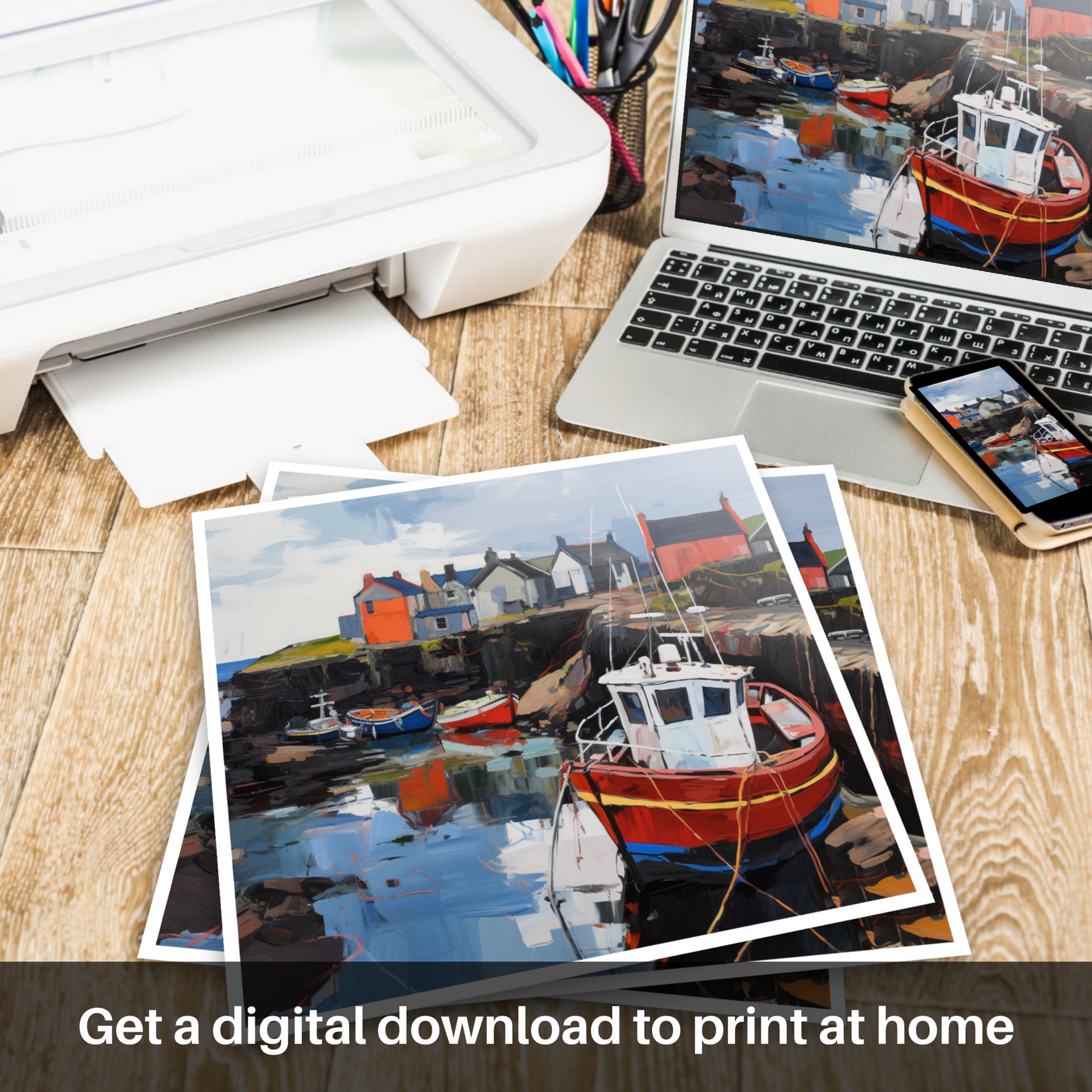 Painting and Art Print of Lybster Harbour, Caithness. Expressionist Od ...