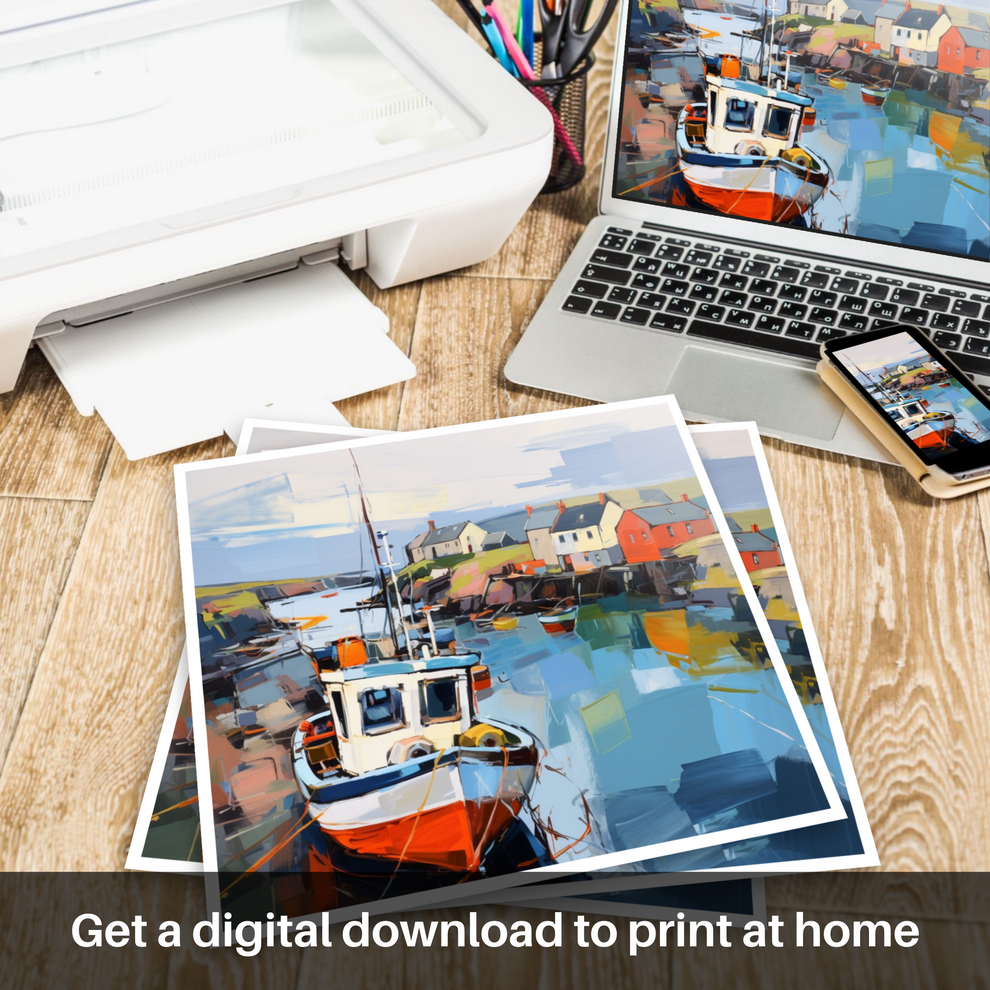 Painting and Art Print of Lybster Harbour, Caithness. Vibrant Reflecti ...