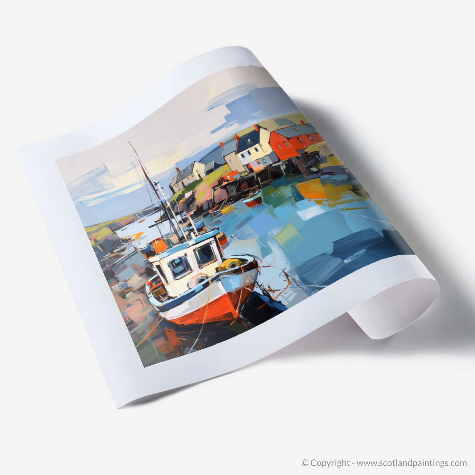 Painting and Art Print of Lybster Harbour, Caithness. Vibrant Reflecti ...